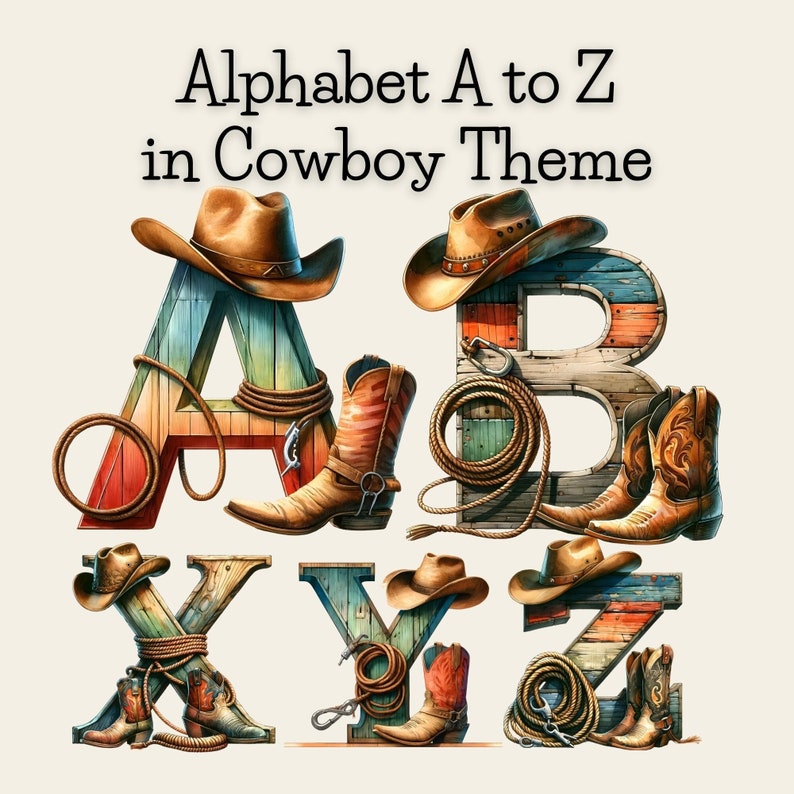 Alphabet A to Z in Cowboy Theme, Watercolor Clipart, Commercial Use - Etsy