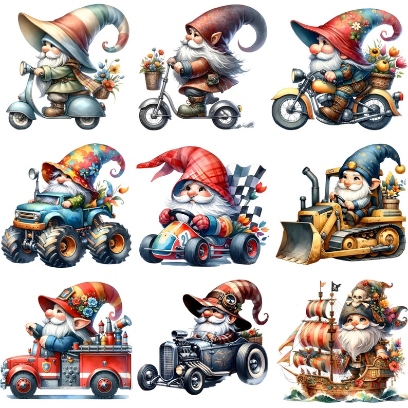 22 PNG, 300 DPI, Gnome With Vehicle, Watercolor Clipart, Commercial Use ...