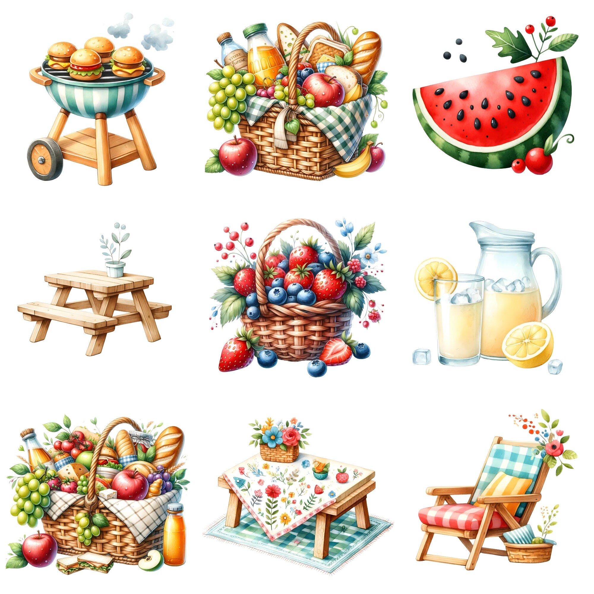 41 PNG, 300 DPI, Picnic in Summer, Watercolor Clipart, Commercial Use ...