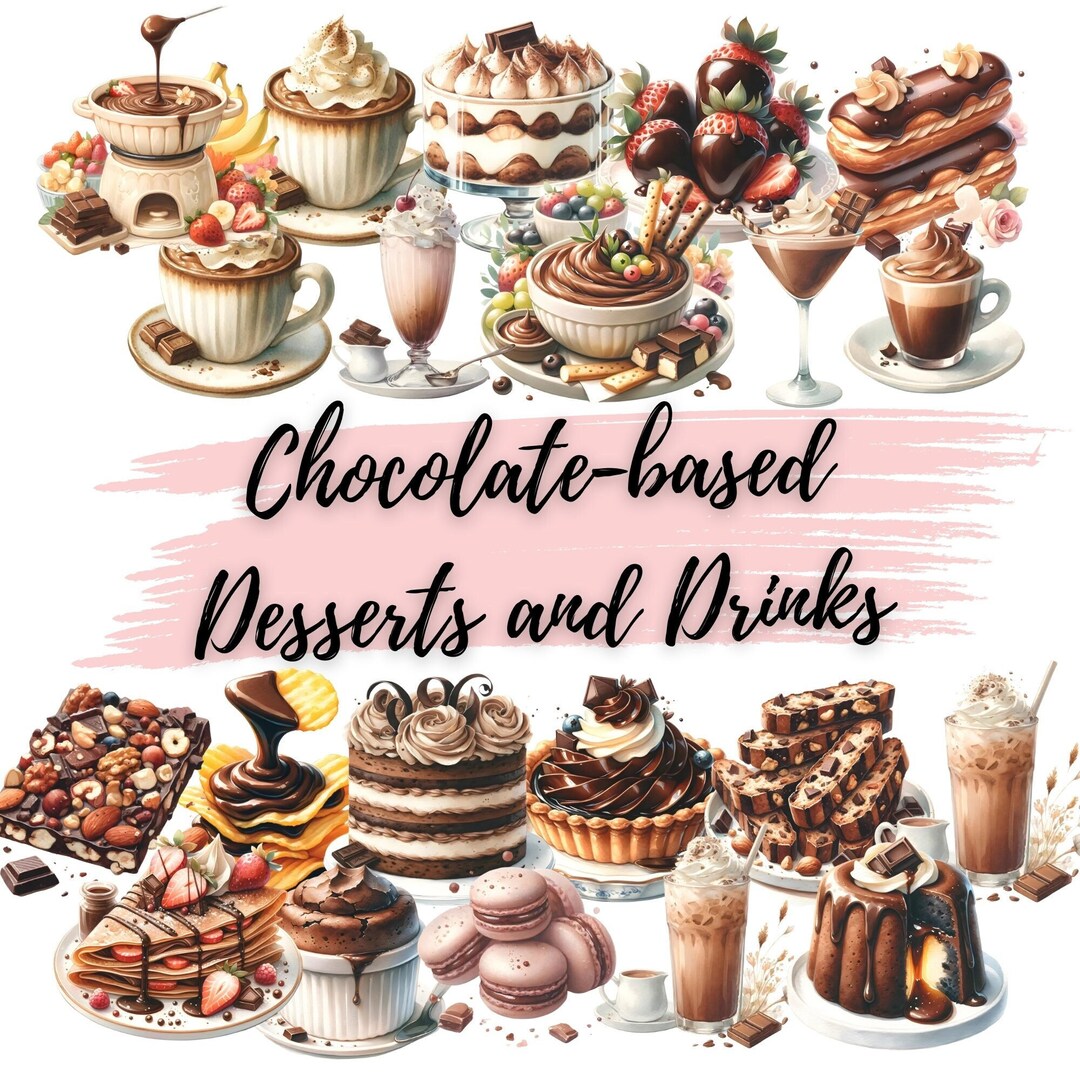30 PNG, 300 DPI, Chocolate-based Desserts and Drinks, Watercolor ...