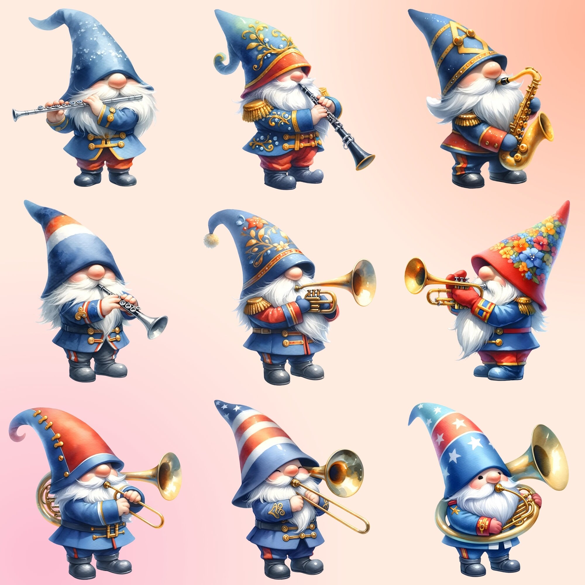 21 PNG , 300 DPI, Gnomes in Marching Band, Watercolor Clipart, Cute ...