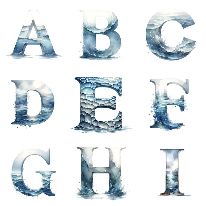 Alphabet A to Z in Water Texture, Watercolor Clipart, Commercial Use - Etsy