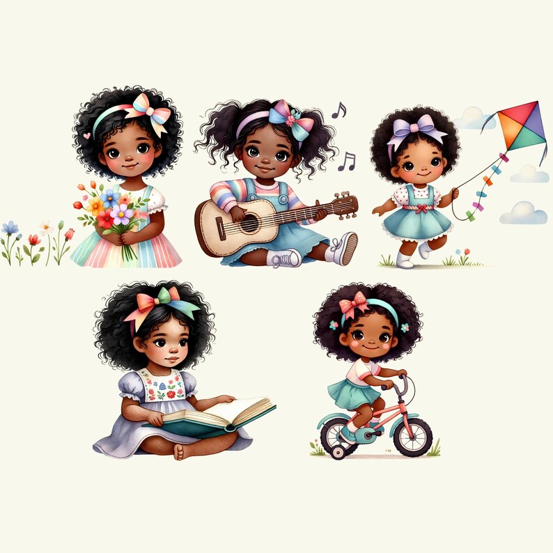 23 PNG, 300 DPI, Black Girl in Activities, Watercolor Clipart, Cute ...