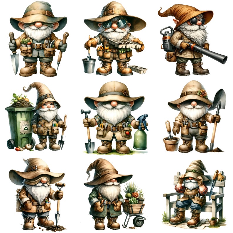 23 PNG, 300 DPI, Gnome With Gardening Tools, Watercolor Clipart, Cute ...