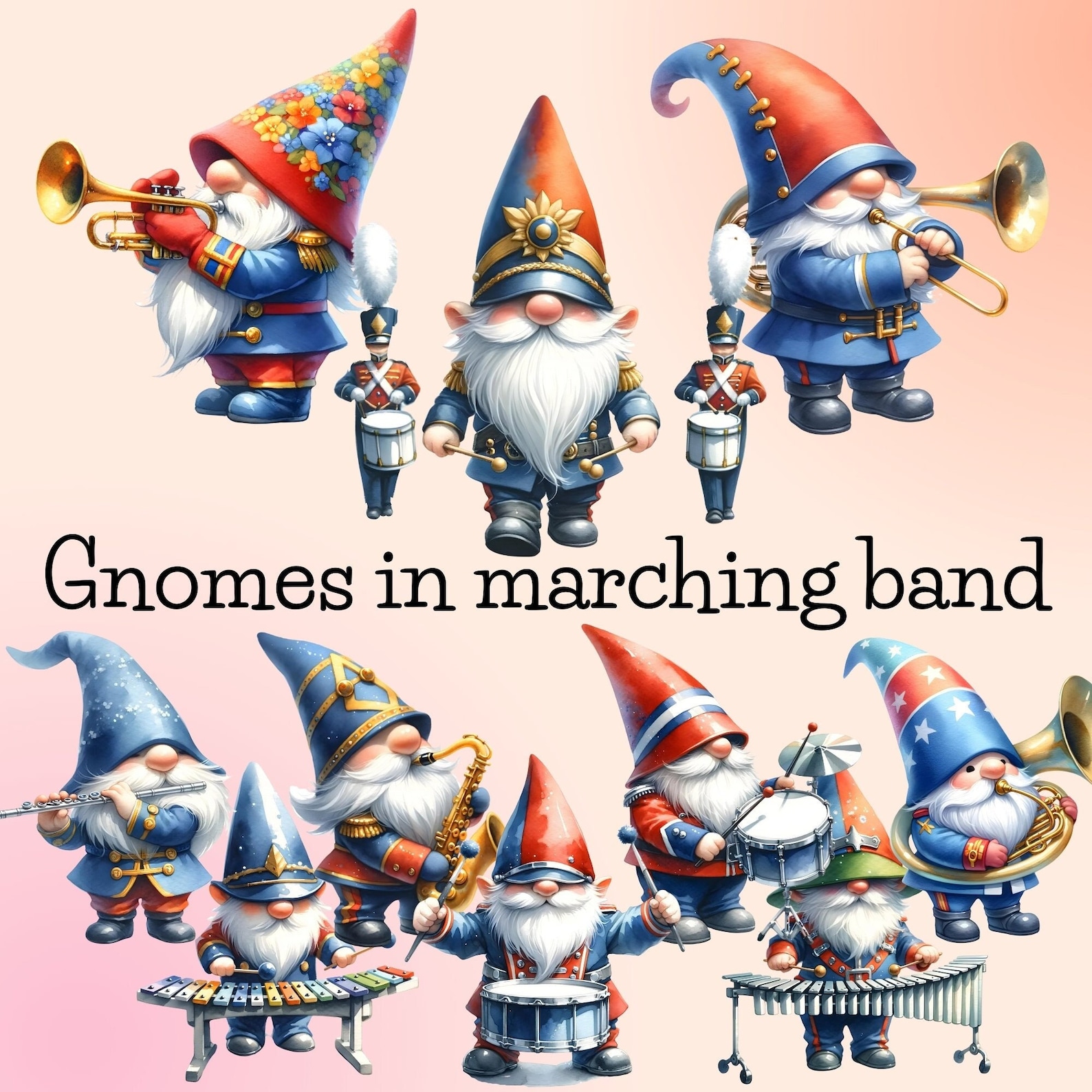 21 PNG , 300 DPI, Gnomes in Marching Band, Watercolor Clipart, Cute ...