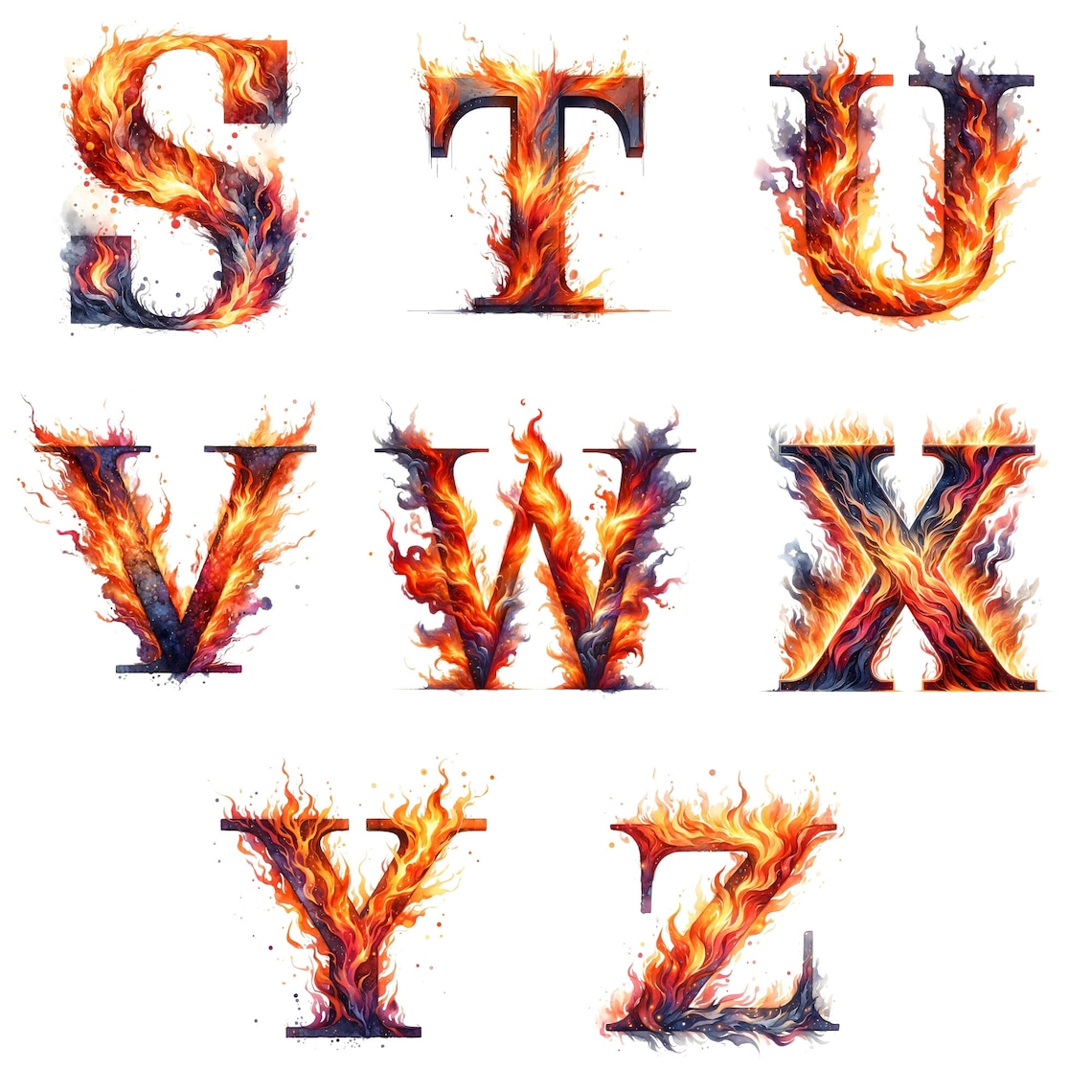 Alphabet A to Z in Flames, Watercolor Clipart, Commercial Use - Etsy