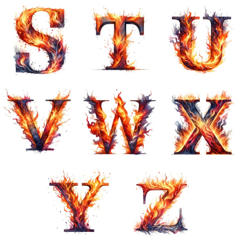 Alphabet A to Z in Flames, Watercolor Clipart, Commercial Use - Etsy