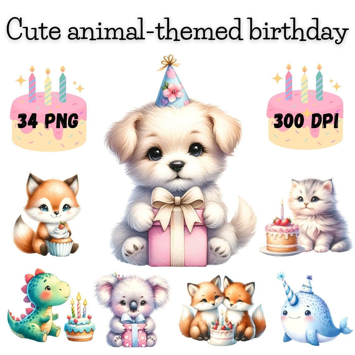 Cute Animal Birthday Watercolor Clipart, Invitation Design (300 DPI) - Etsy