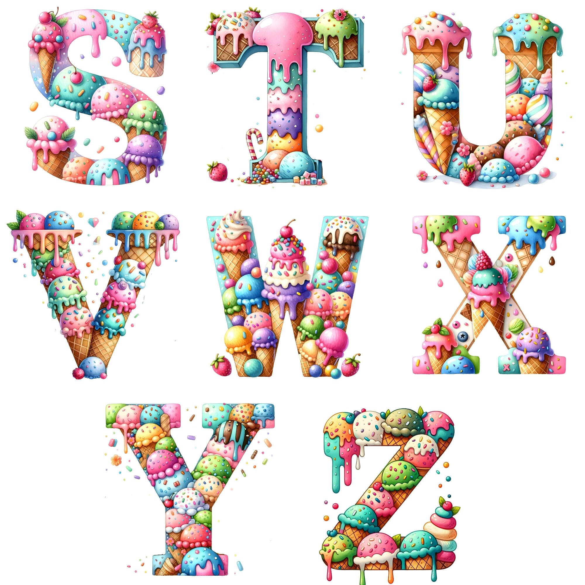 Alphabet A to Z in Ice Cream Theme, Watercolor Clipart, Cute Watercolor ...