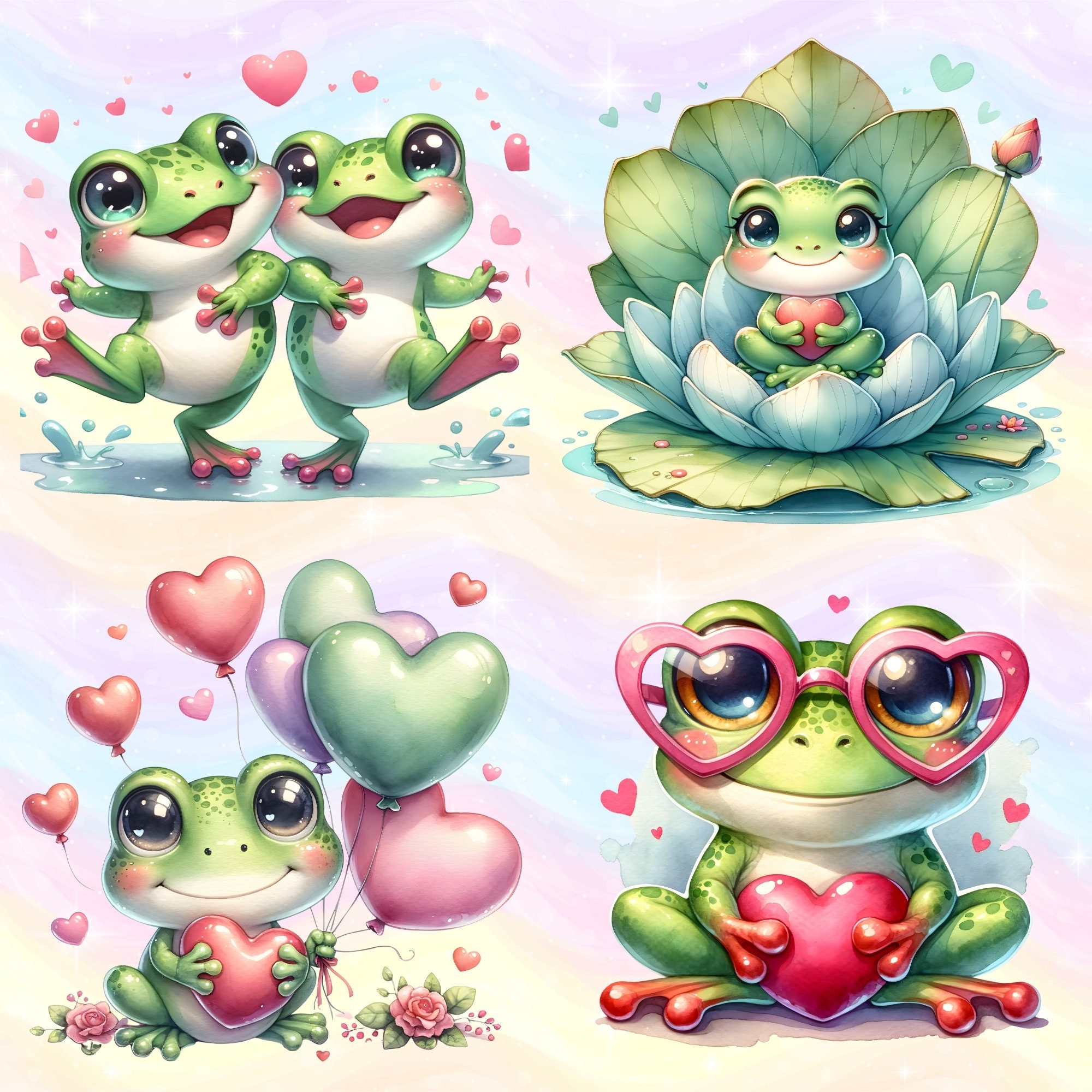 Frogs in Valentine Clipart Theme, Watercolor Clipart, Cute Watercolor ...