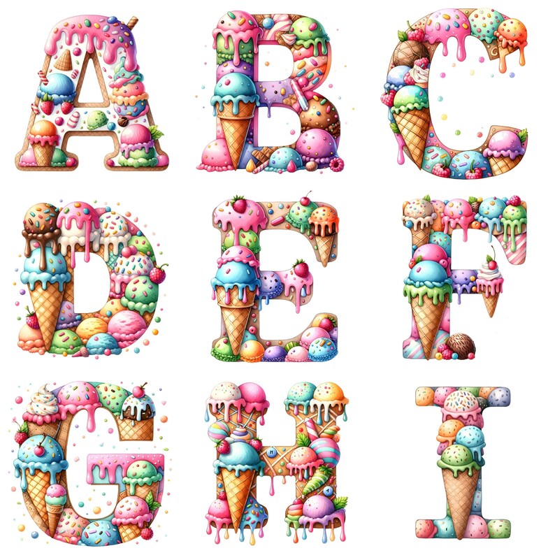Alphabet A to Z in Ice Cream Theme, Watercolor Clipart, Cute Watercolor ...