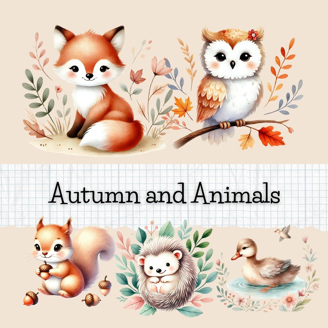 32 PNG, 300 DPI, Autumn and Animals, Watercolor Clipart, Commercial Use ...