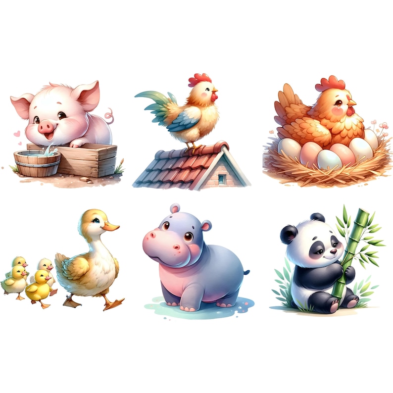 24 PNG , 300 DPI, Cute Animals in Various Poses, Watercolor Clipart ...
