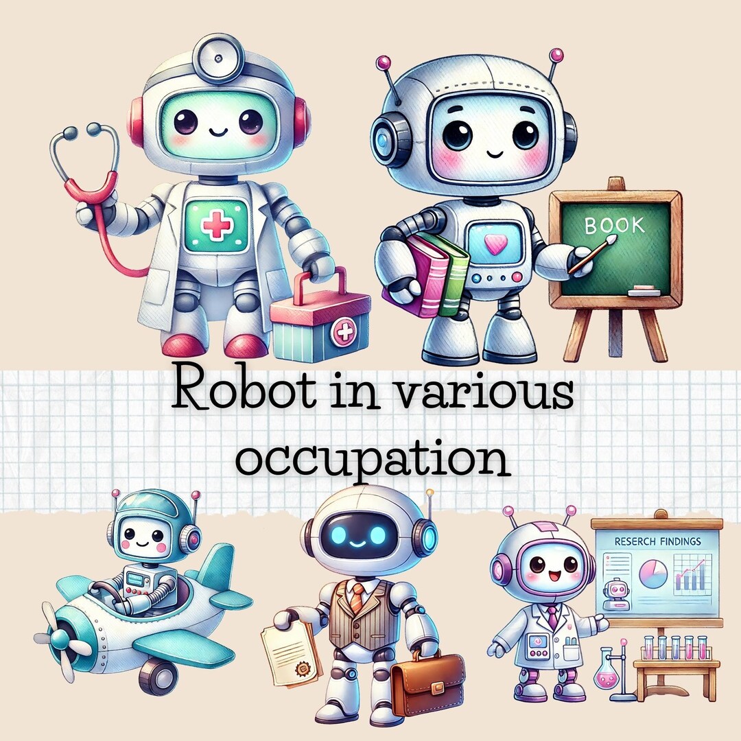 22 PNG, 300 DPI, Robot in Various Occupation, Watercolor Clipart ...