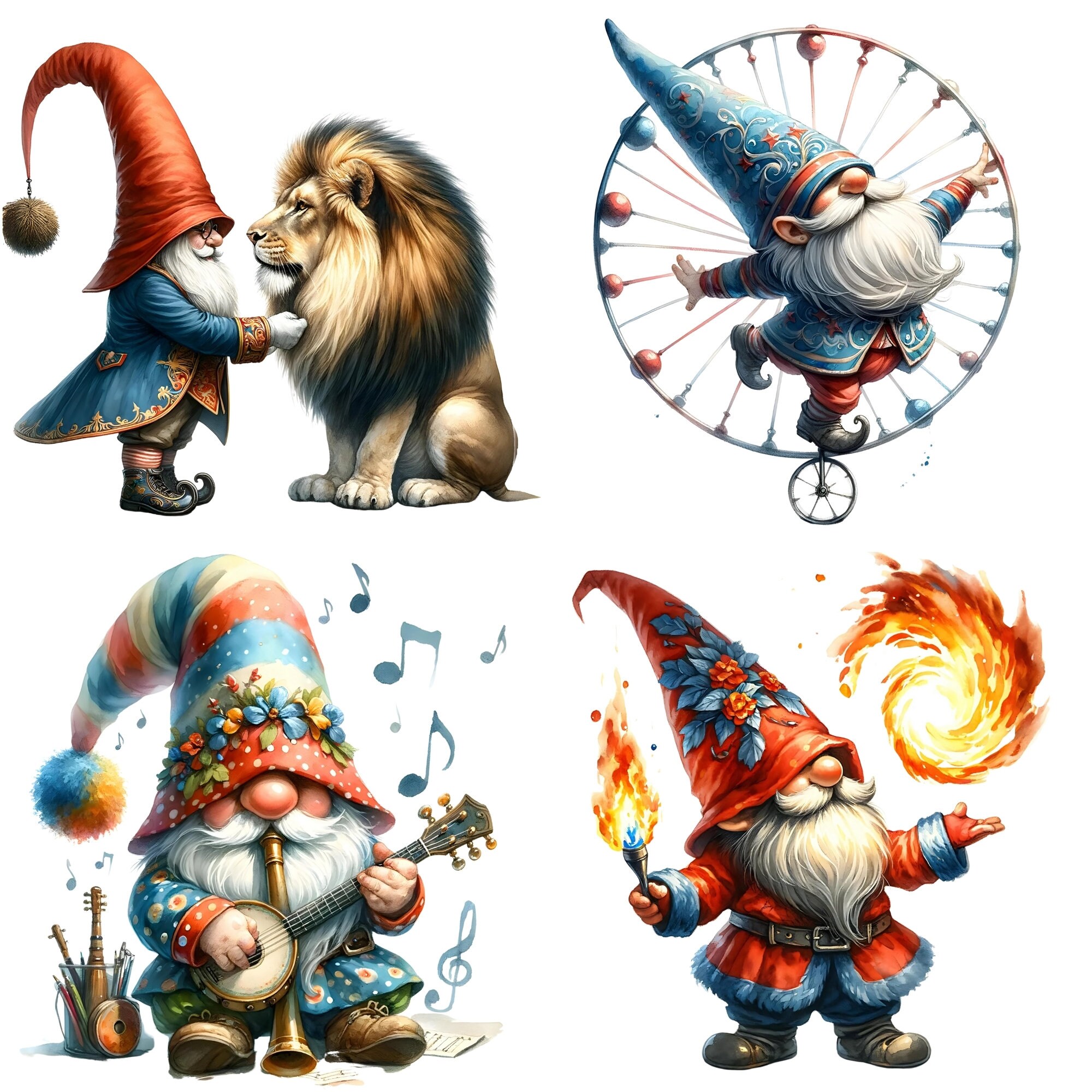 14 PNG, 300 DPI, Gnomes in the Circus, Watercolor Clipart, Cute ...