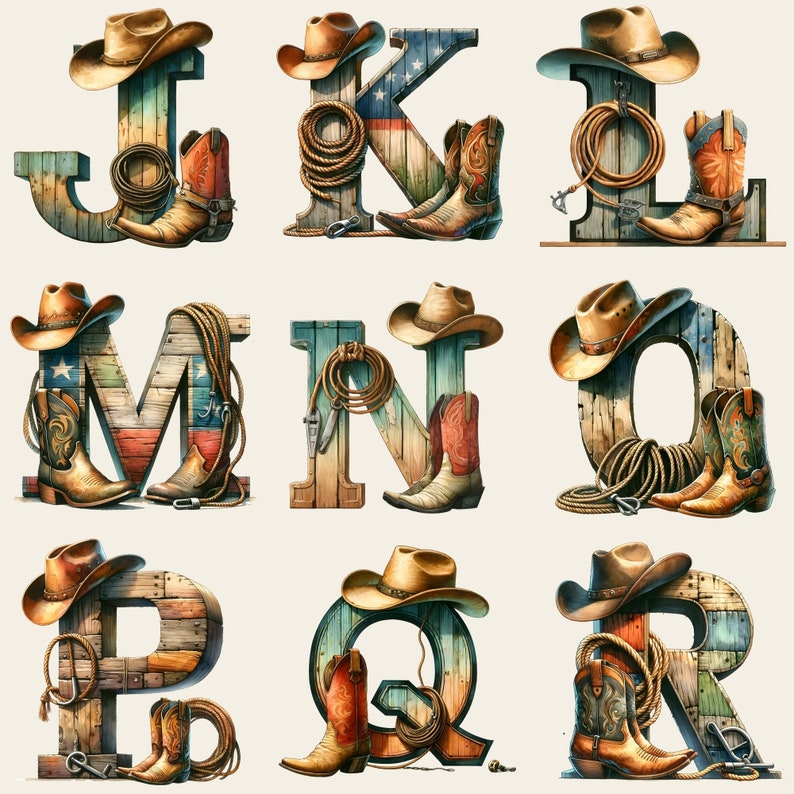 Alphabet A to Z in Cowboy Theme, Watercolor Clipart, Commercial Use - Etsy