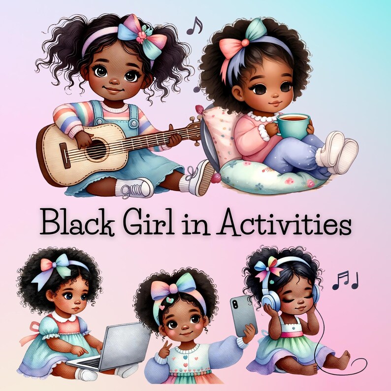 23 PNG, 300 DPI, Black Girl in Activities, Watercolor Clipart, Cute ...