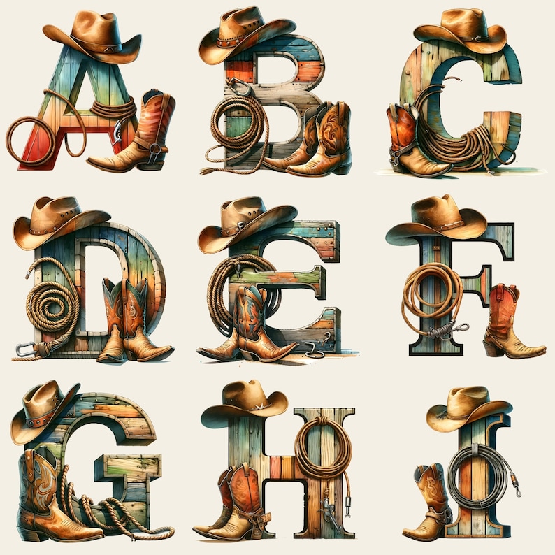 Alphabet A to Z in Cowboy Theme, Watercolor Clipart, Commercial Use - Etsy