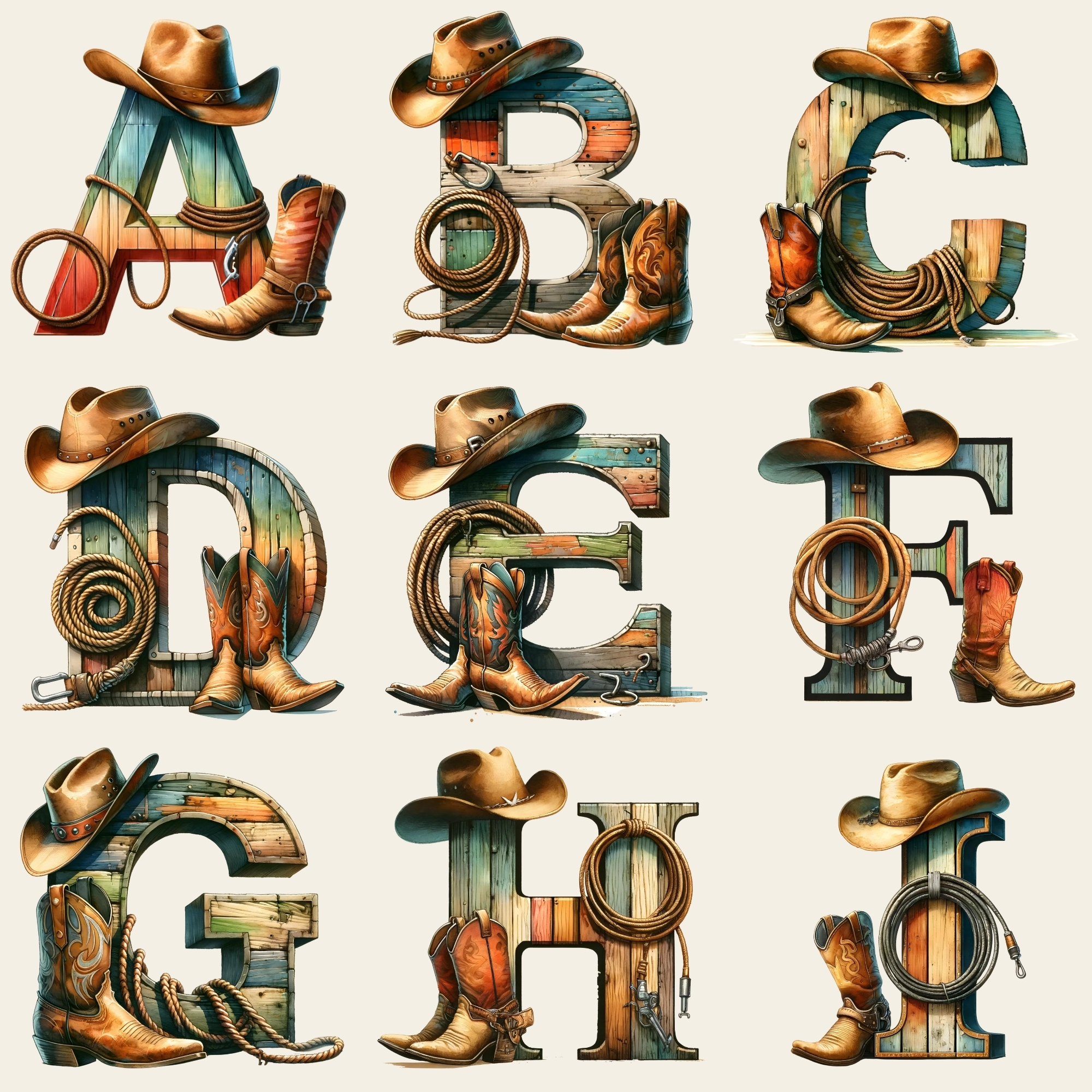 Alphabet A to Z in Cowboy Theme, Watercolor Clipart, Commercial Use - Etsy