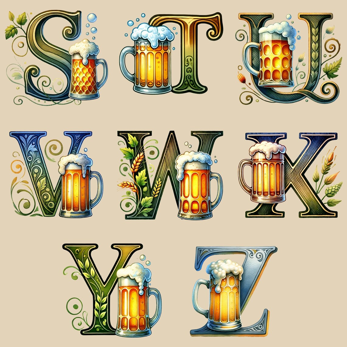 Alphabet A to Z With Beer Mug, Watercolor Clipart, Commercial Use - Etsy