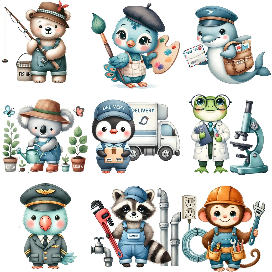 35 PNG, 300 DPI, Animals in Various Occupation, Watercolor Clipart ...