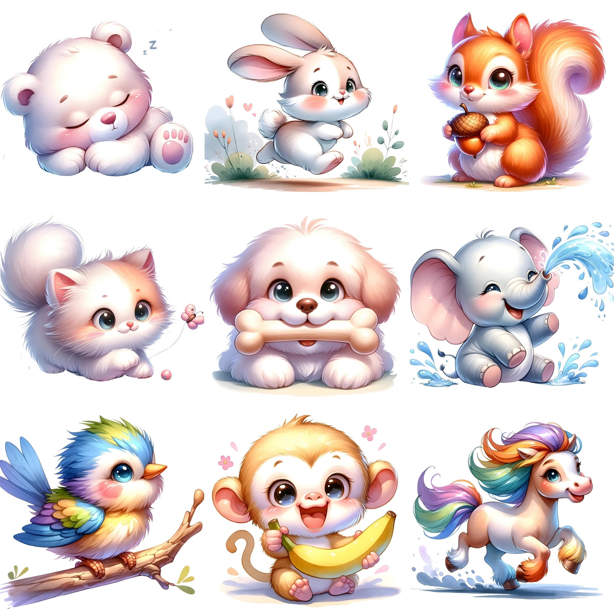 Cute Watercolor Animal Clipart, Invitation Design (PNG, 300 DPI) - Etsy