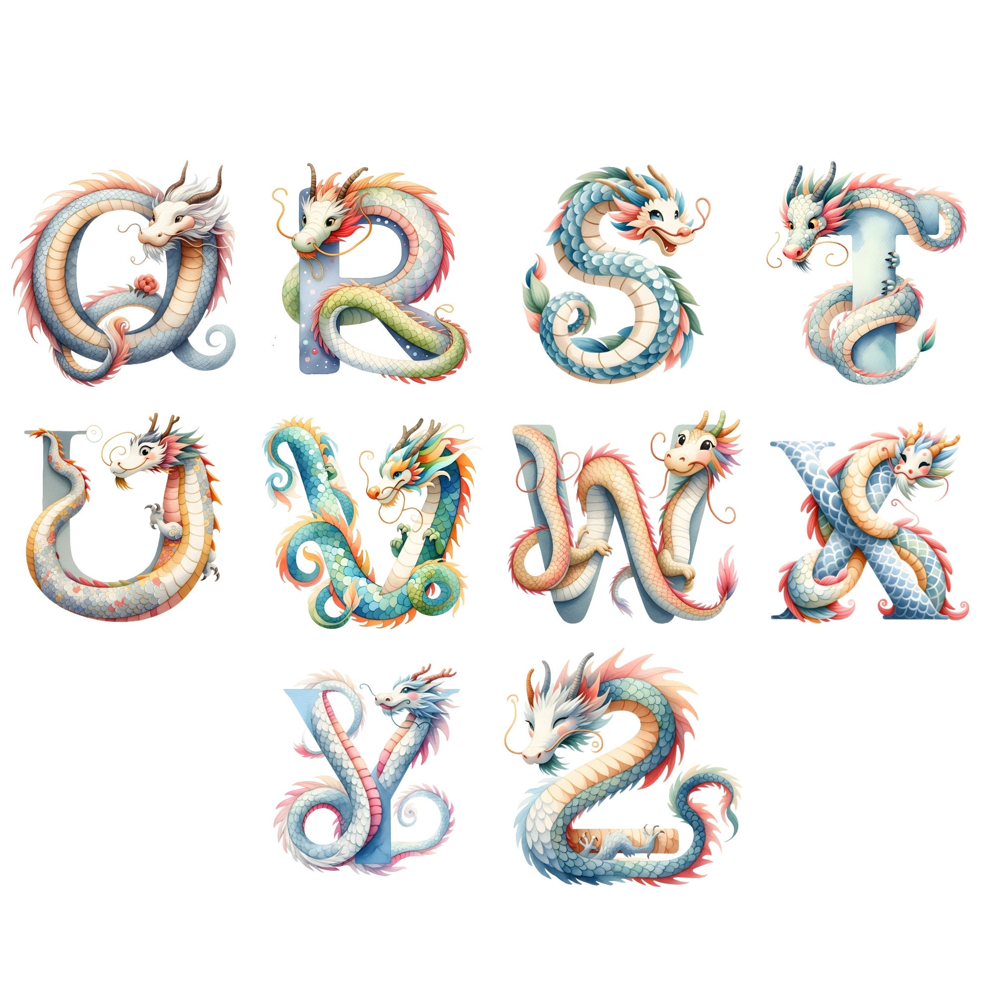 Chinese Dragon Alphabet Watercolor Clipart, Chinese Dragon Letter ...