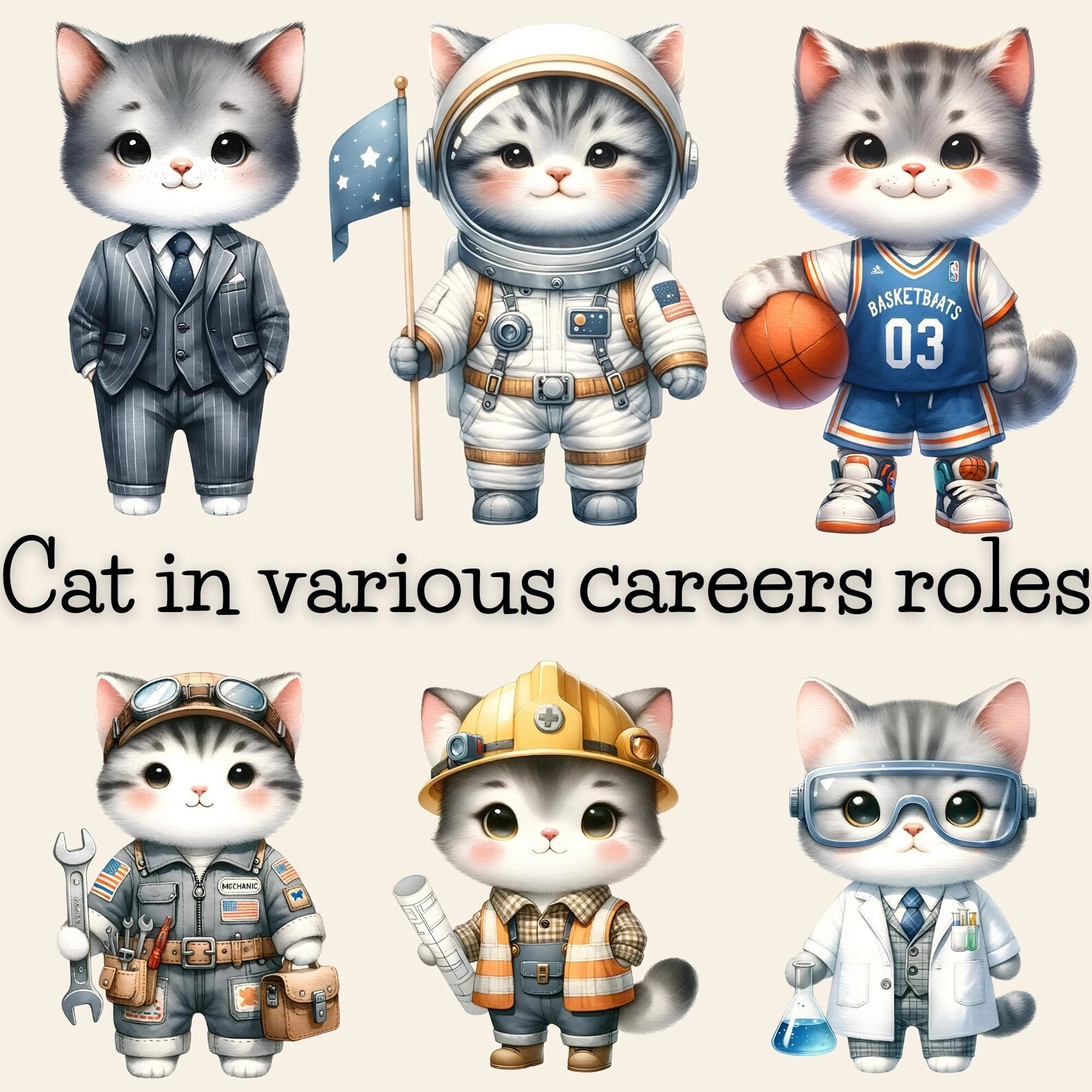 23 PNG, 300 DPI, Cat in Various Careers Roles, Watercolor Clipart, Cute ...