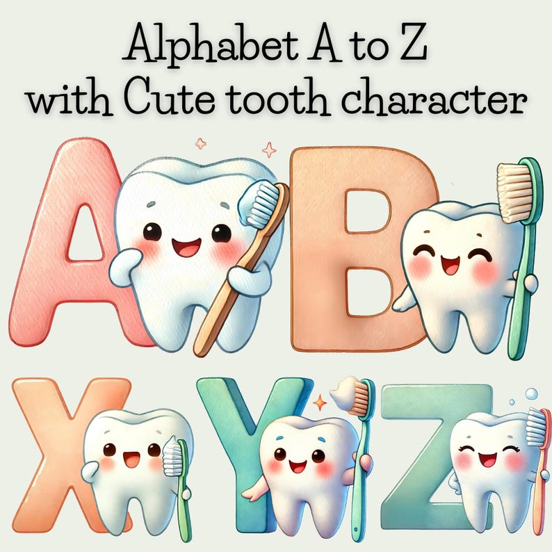 Alphabet A to Z With Cute Tooth Character, Watercolor Clipart ...