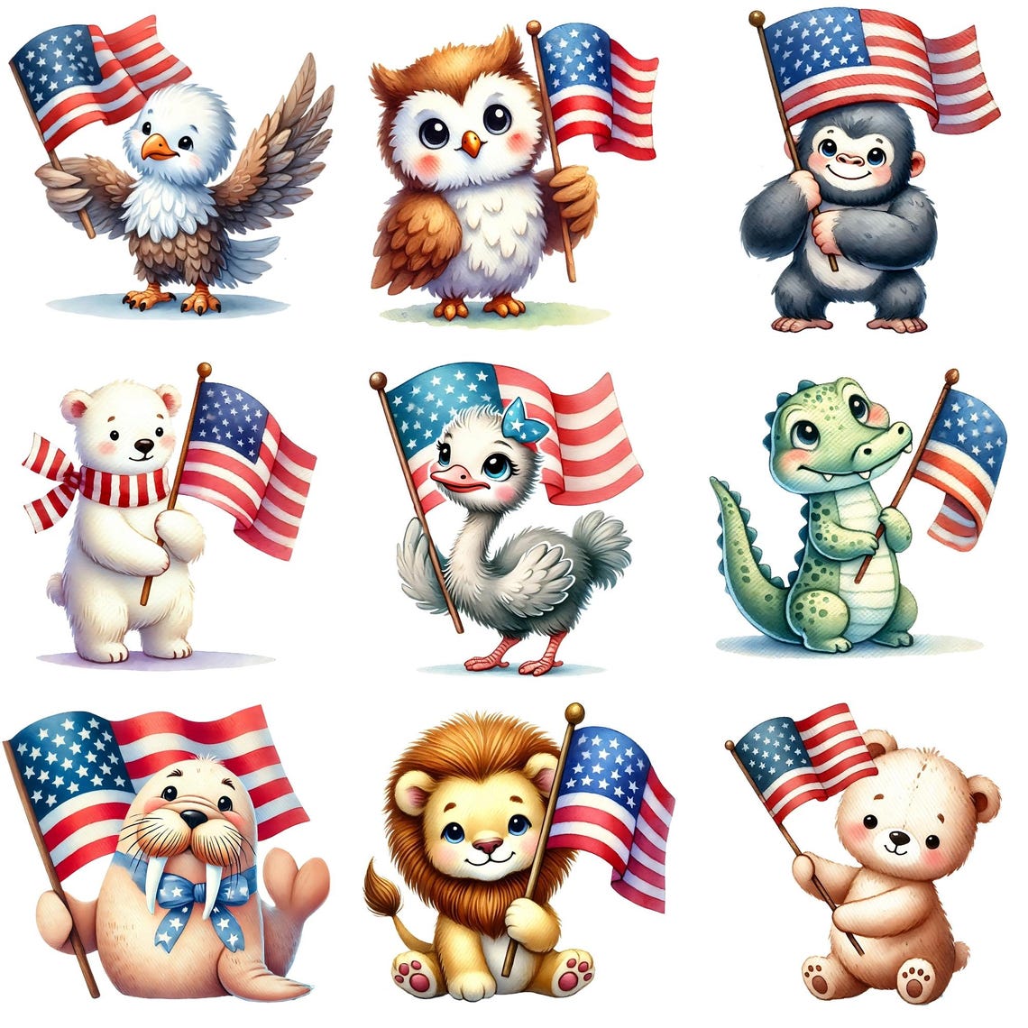 American Flag Animal Clipart: Watercolor Patriotic PNG (commercial Use ...