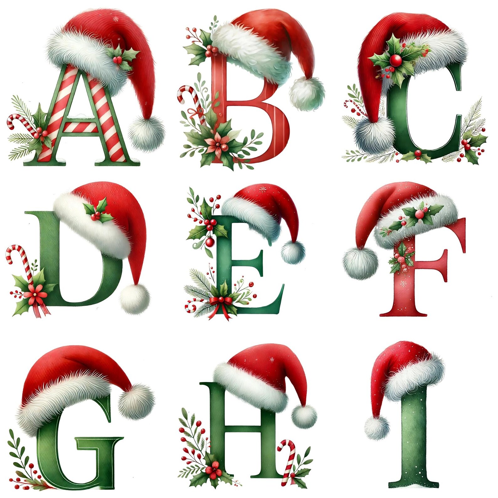 Alphabet A to Z With Santa Hat, Watercolor Clipart, Commercial Use - Etsy