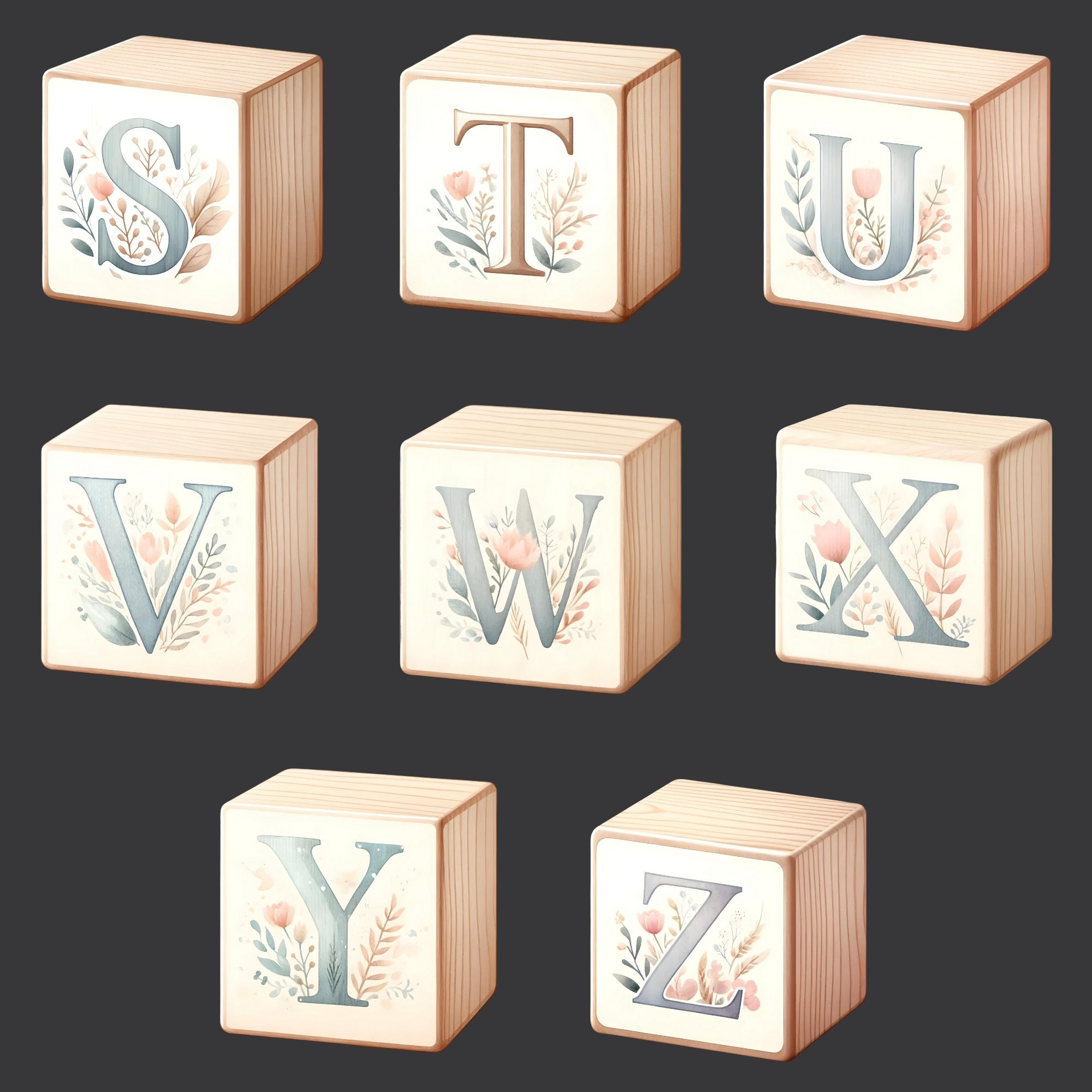 Alphabet A to Z Square Wooden Block, Watercolor Clipart, Commercial Use ...