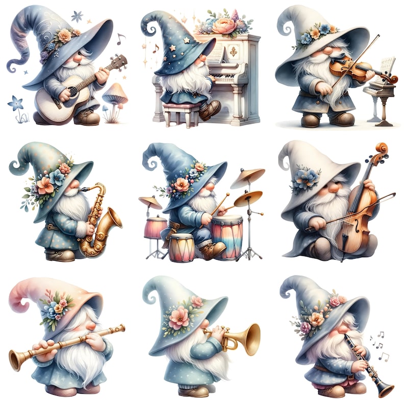 21 PNG , 300 DPI, Gnome With Musical Instruments, Watercolor Clipart ...