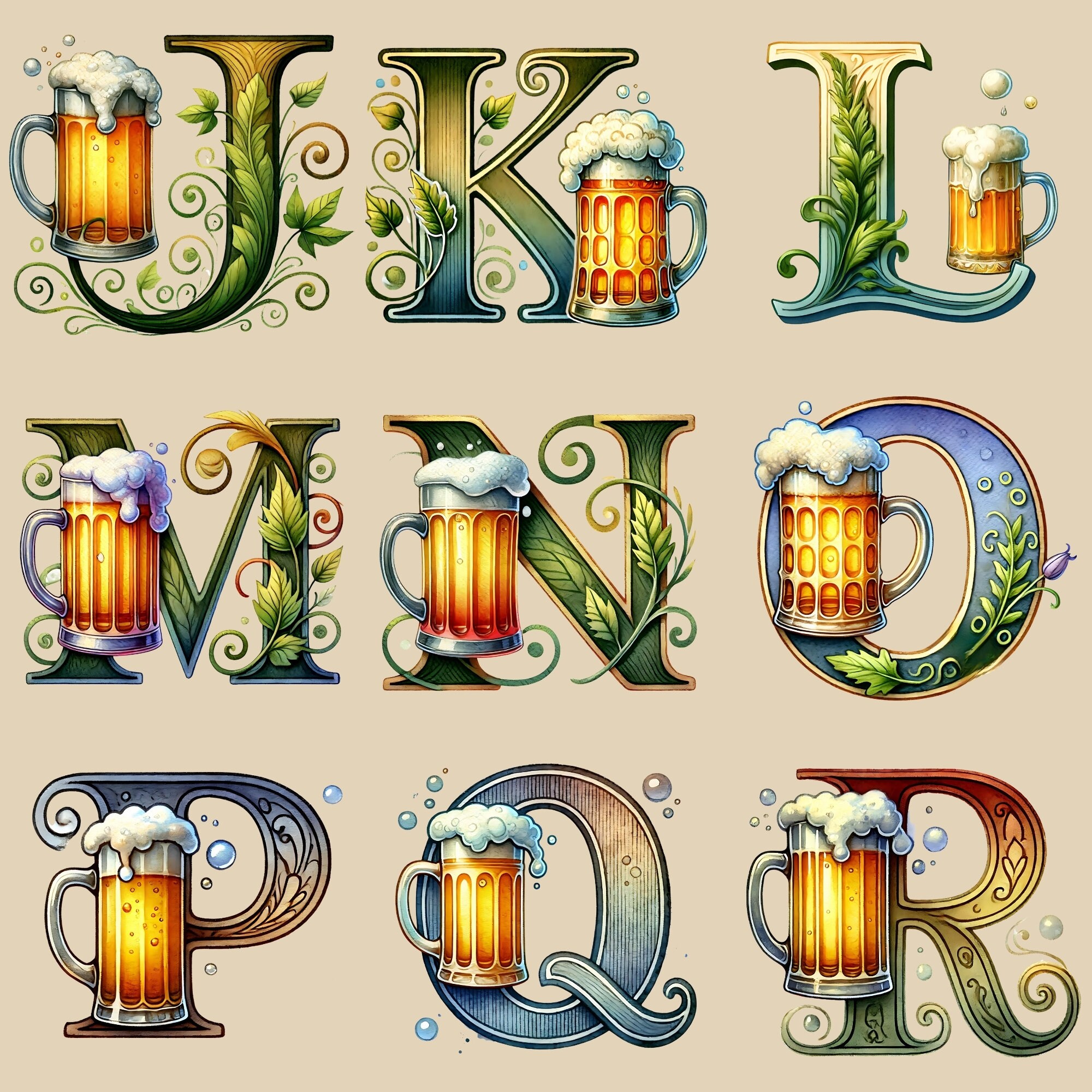 Alphabet A to Z With Beer Mug, Watercolor Clipart, Commercial Use - Etsy