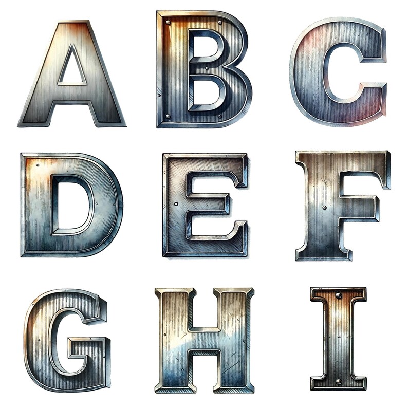 Metal Alphabet A to Z, Watercolor Clipart, Commercial Use - Etsy