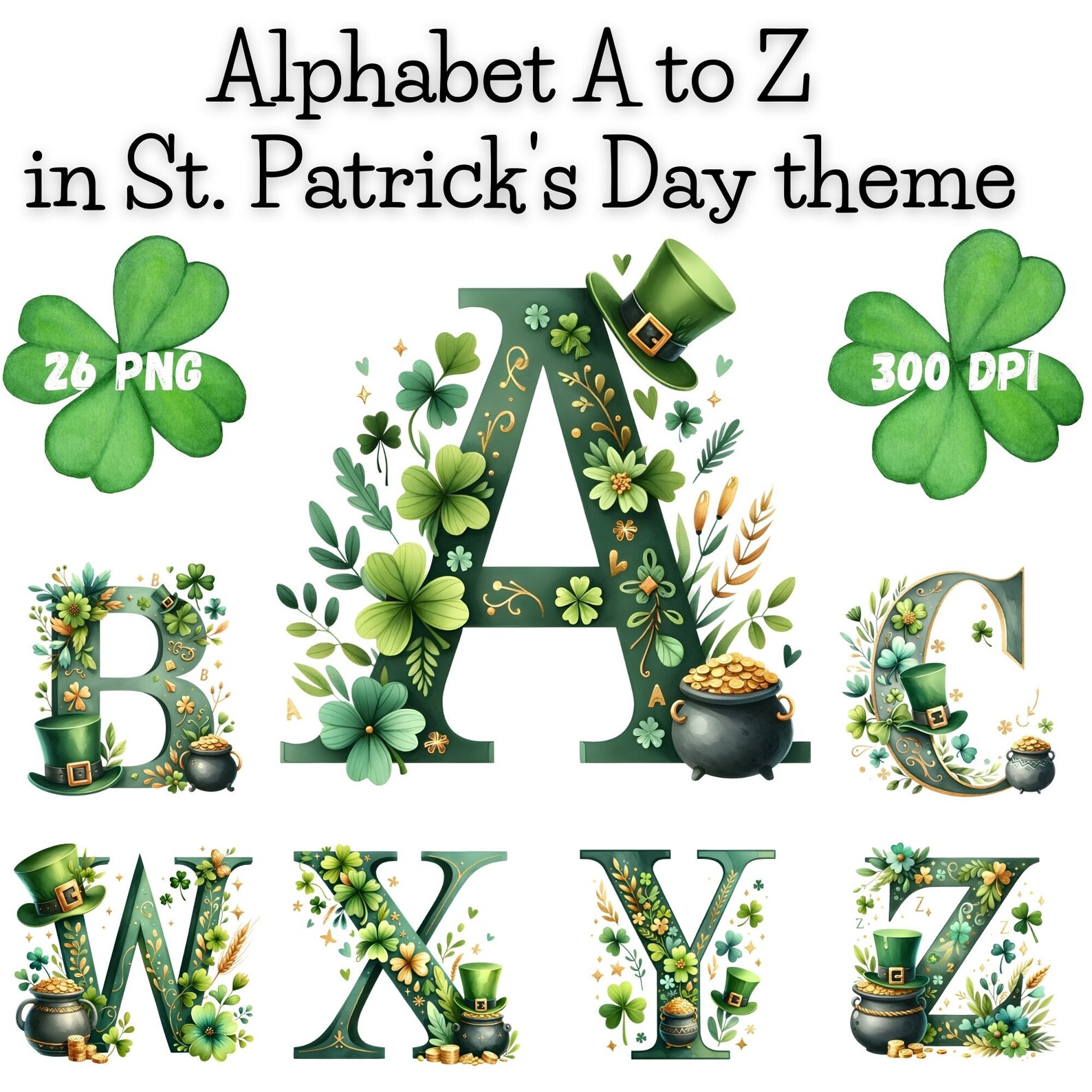 Alphabet A to Z in St. Patrick's Day Theme, Watercolor Clipart, Cute ...