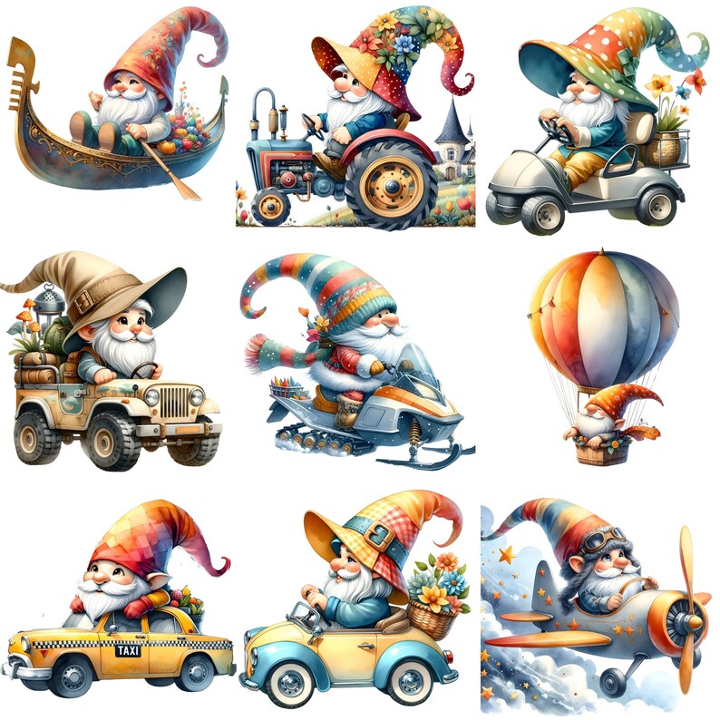 22 PNG, 300 DPI, Gnome With Vehicle, Watercolor Clipart, Commercial Use ...