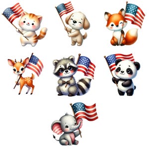 American Flag and Cute Animal, Watercolor Clipart, Commercial Use - Etsy