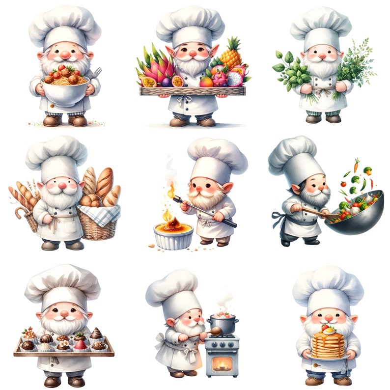 Gnome Chef in Cooking Theme, Watercolor Clipart, Cute Watercolor for ...