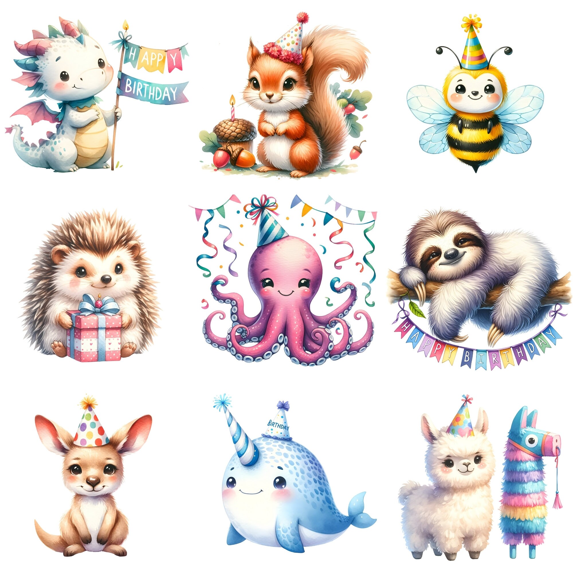 Cute Animal-themed Birthday Clipart, Watercolor Clipart, Cute ...