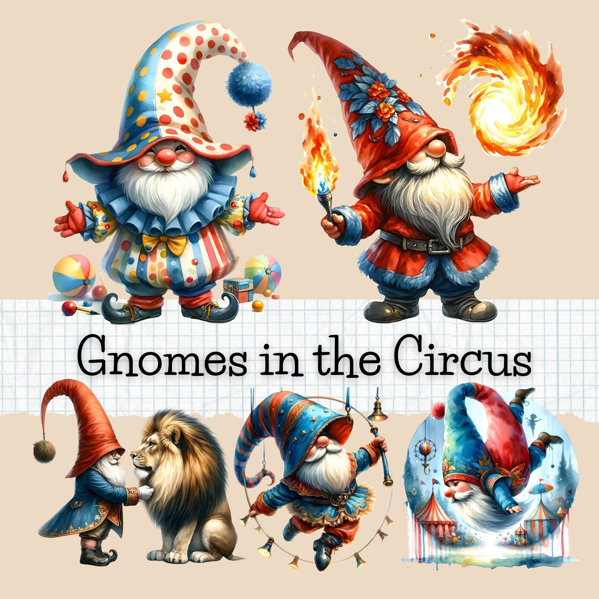 14 PNG, 300 DPI, Gnomes in the Circus, Watercolor Clipart, Cute ...