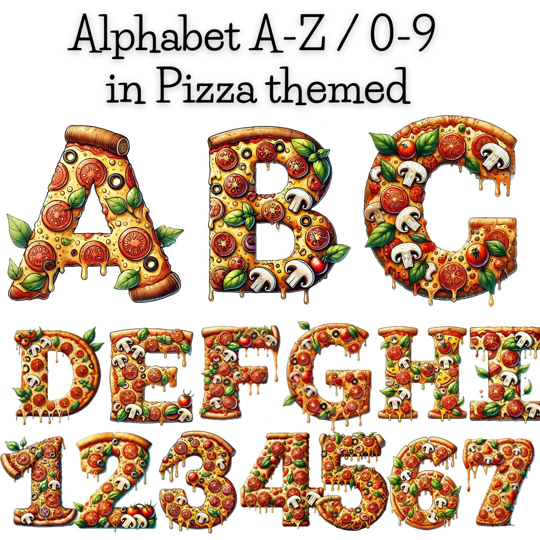 Alphabet A-Z / 0-9 in Pizza Themed, Watercolor Clipart, Commercial Use ...