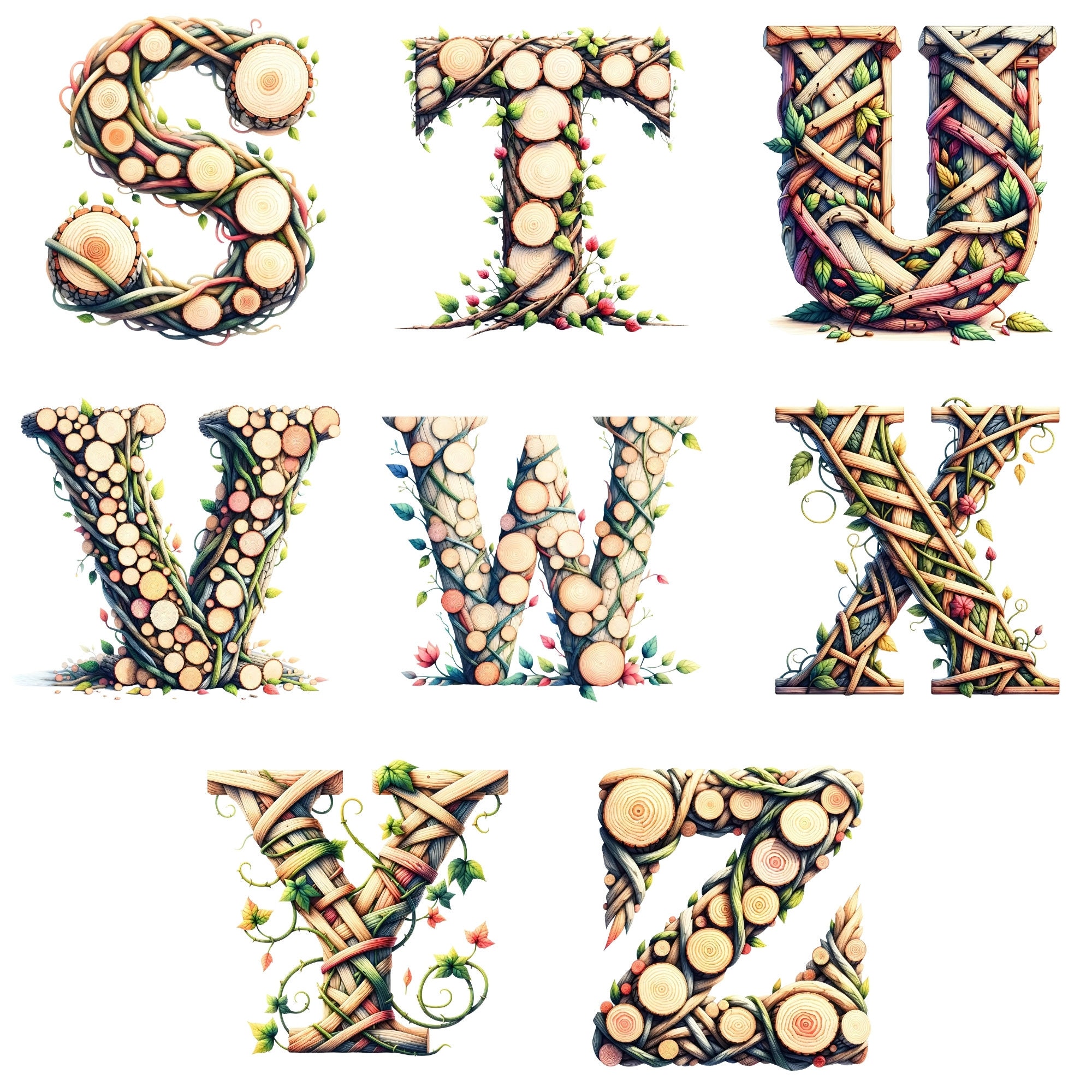 Alphabet A to Z Are Made From Logs and Vines, Watercolor Clipart, Cute ...