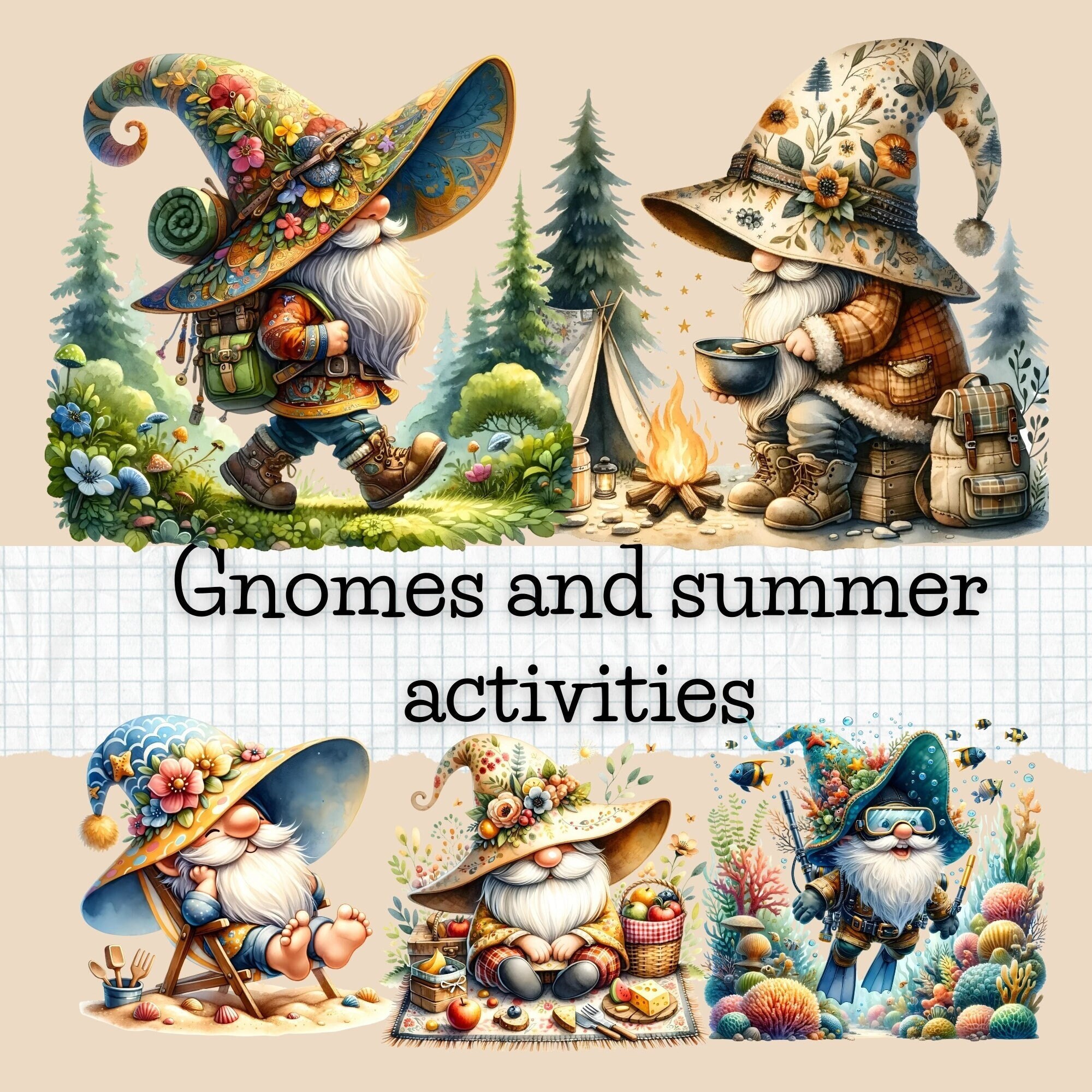 16 PNG, 300 DPI, Gnomes and Summer Activities, Watercolor Clipart ...