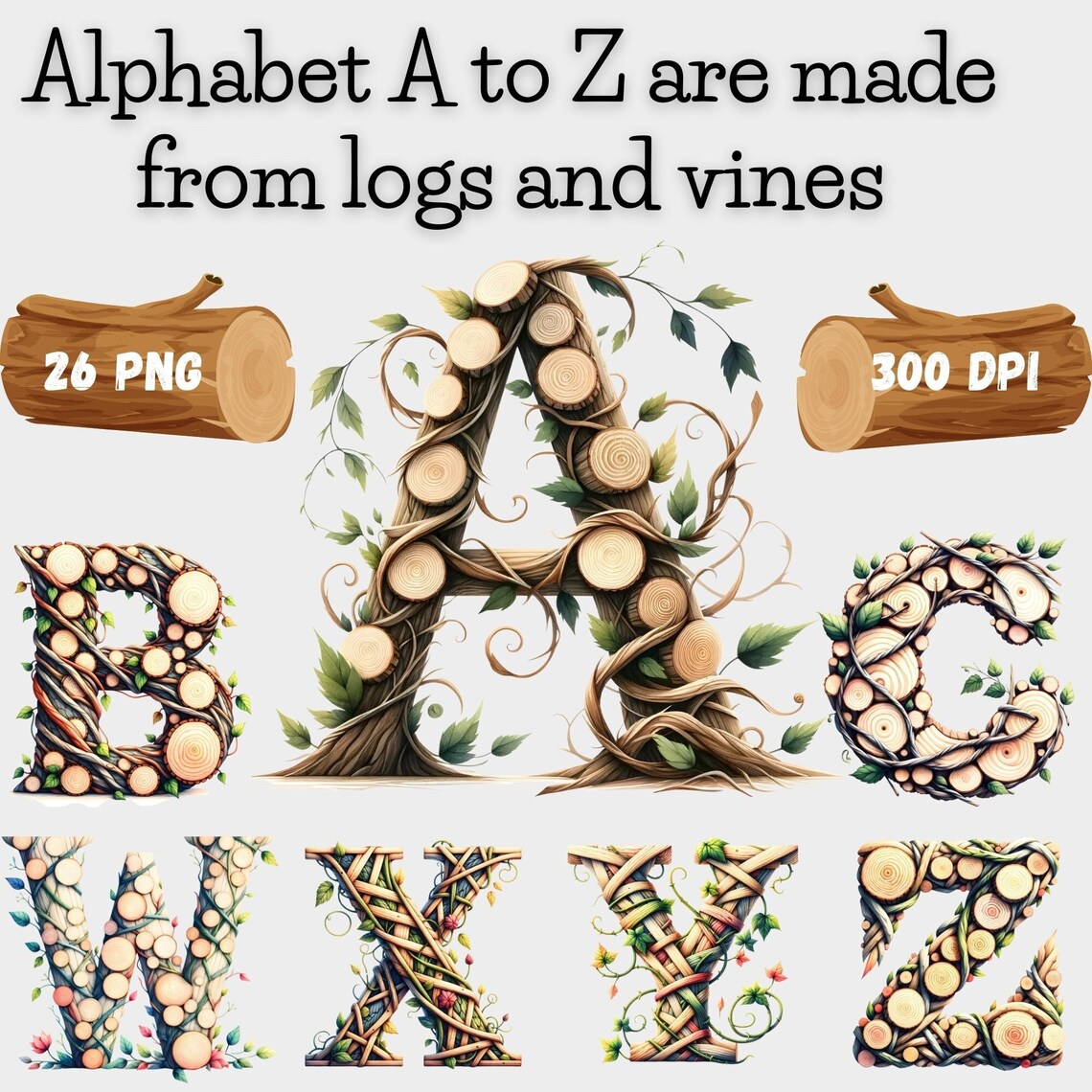 Alphabet A to Z Are Made From Logs and Vines, Watercolor Clipart, Cute ...