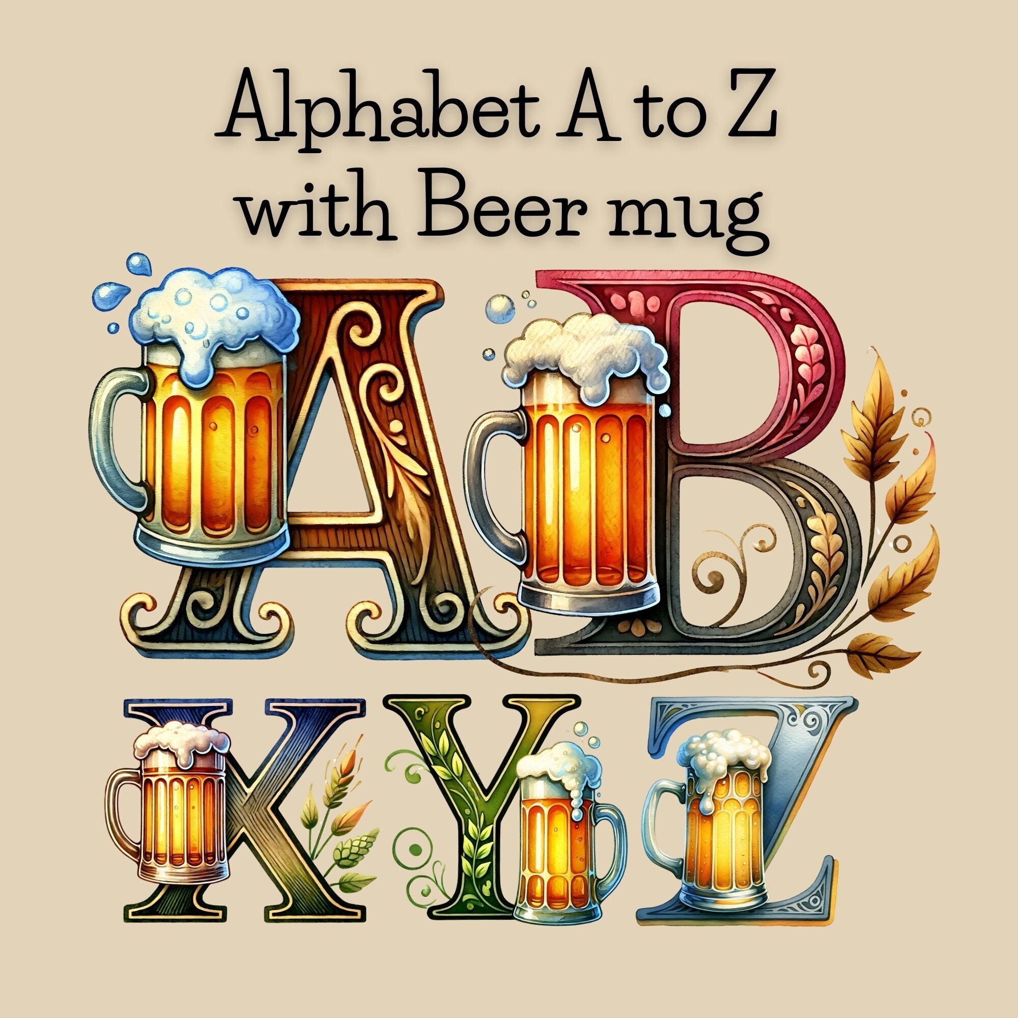 Alphabet A to Z With Beer Mug, Watercolor Clipart, Commercial Use - Etsy