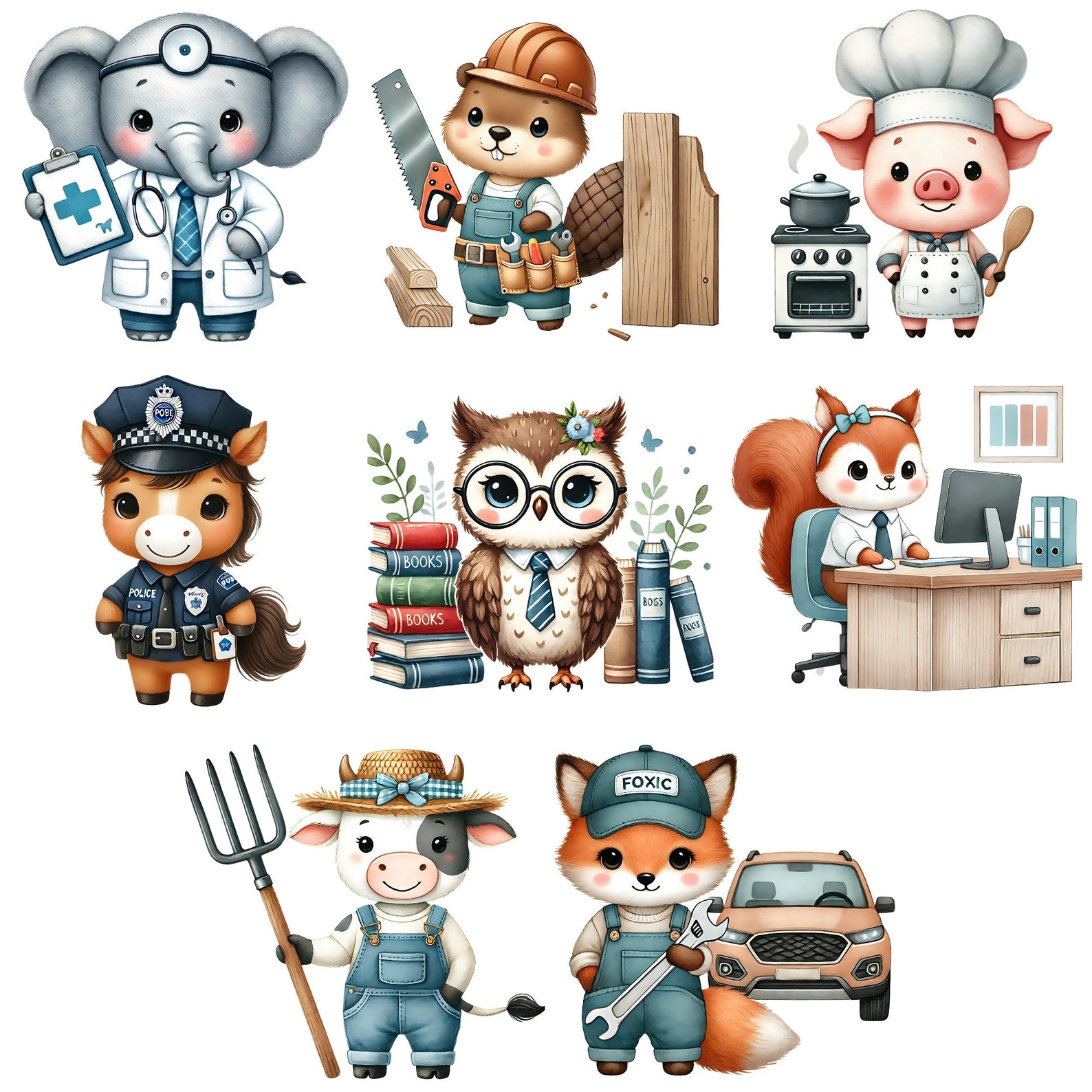 35 PNG, 300 DPI, Animals in Various Occupation, Watercolor Clipart ...