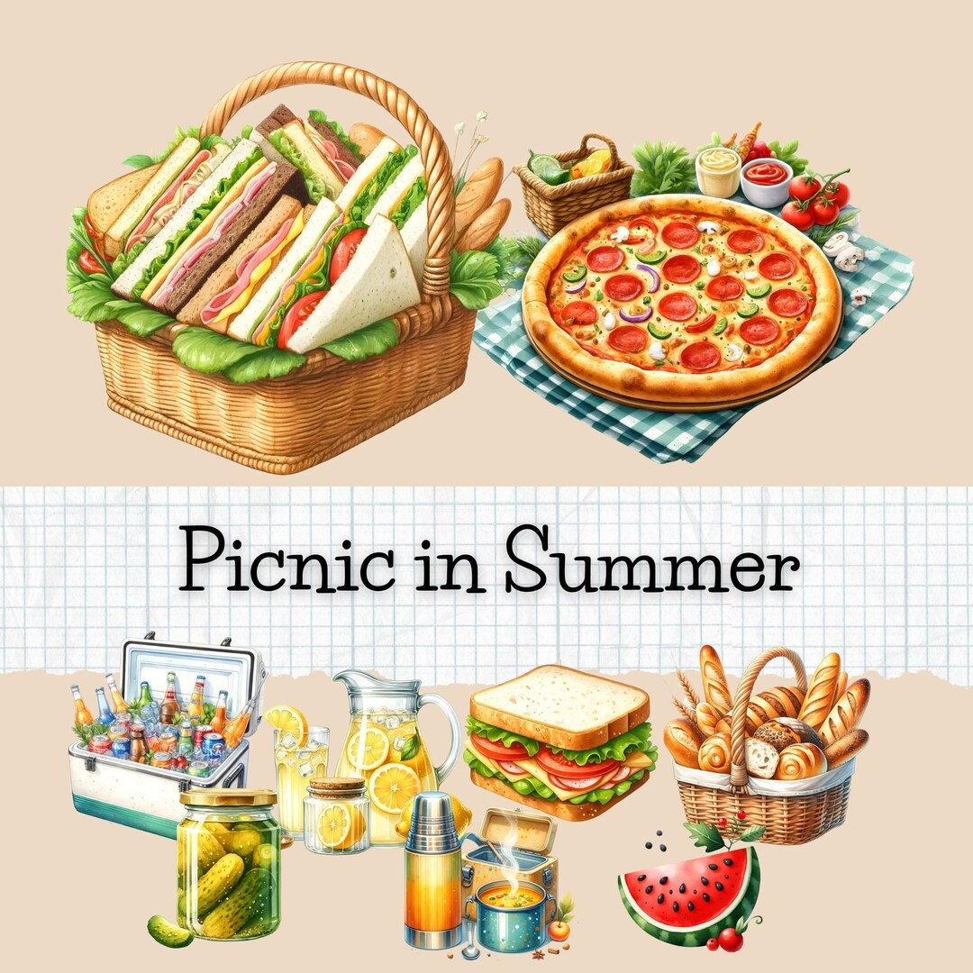 41 PNG, 300 DPI, Picnic in Summer, Watercolor Clipart, Commercial Use ...