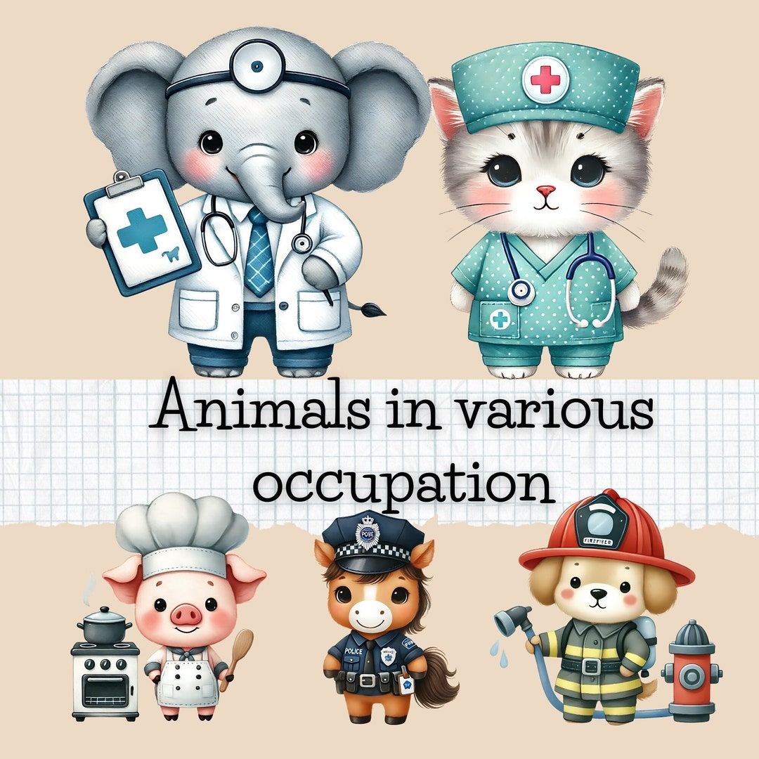 35 PNG, 300 DPI, Animals in Various Occupation, Watercolor Clipart ...
