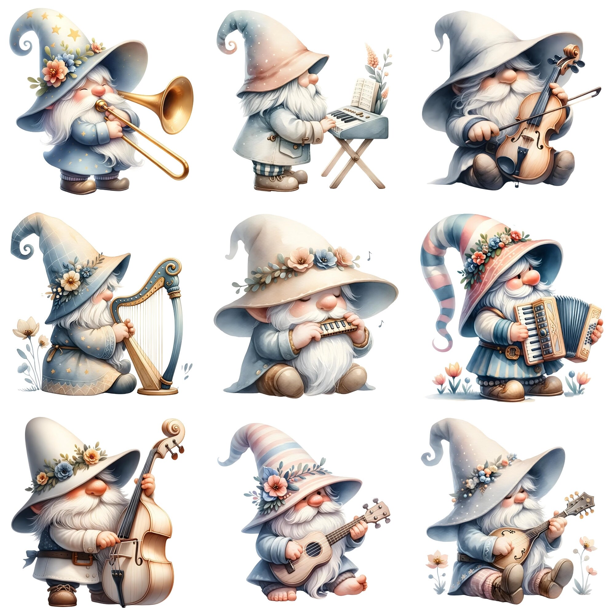 Watercolor Gnome Clipart: Musical Instruments (PNG, 300 DPI) - Etsy